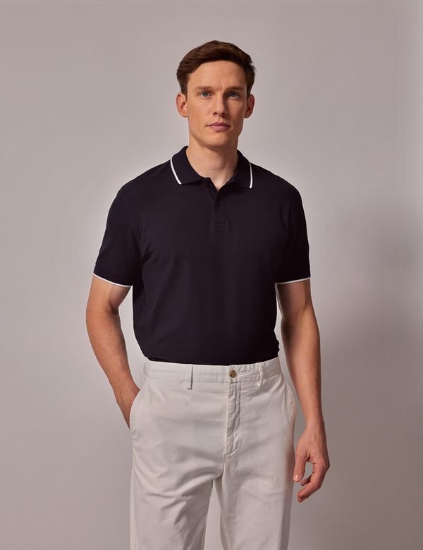 Men's Navy Tipped Mercerised Cotton Short Sleeve Polo Shirt | Hawes and ...