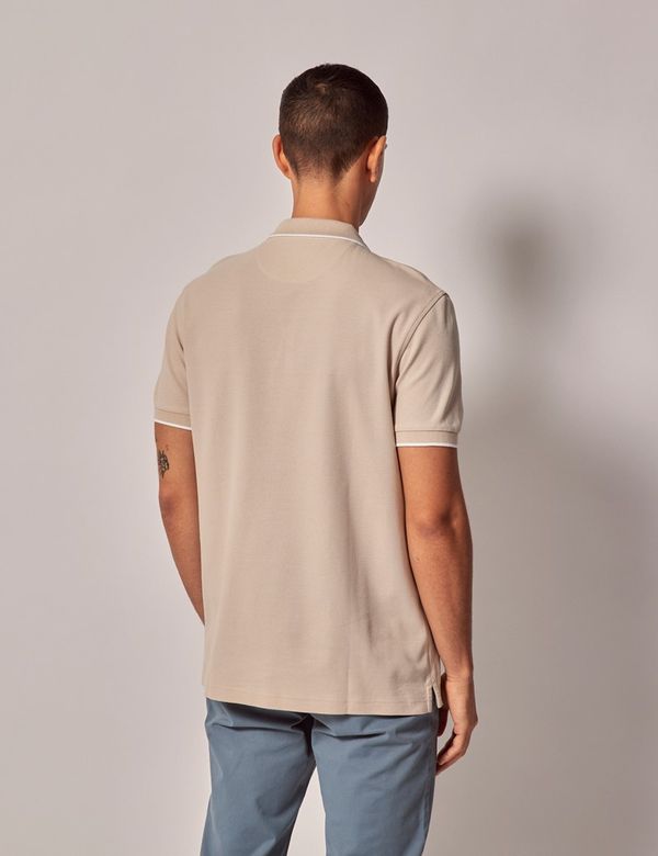Men's Beige Tipped Mercerised Cotton Long Sleeve Polo Shirt | Hawes and ...