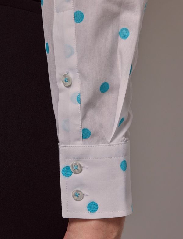 Women's White & Blue Dobby Spots Semi-Fitted Cotton Shirt | Hawes & Curtis