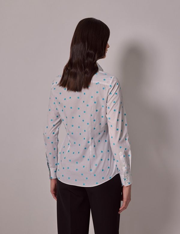 Women's White & Blue Dobby Spots Semi-Fitted Cotton Shirt | Hawes & Curtis