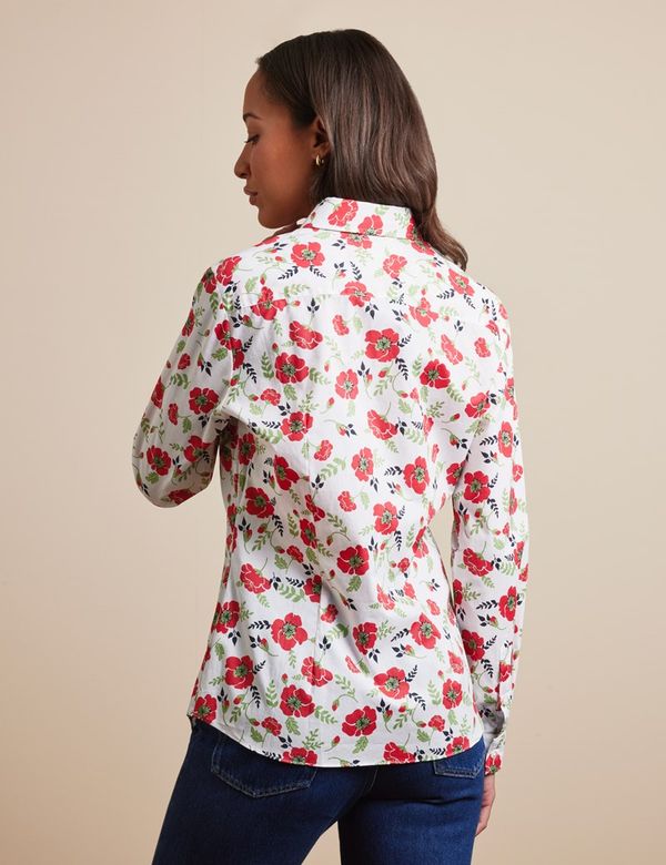Women's Semi-Fitted White & Red Poppy Flower Shirt | Hawes & Curtis