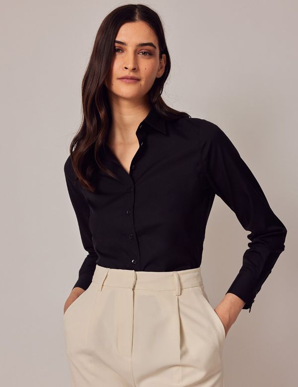 Women's Black Semi Fitted Cotton Shirt - Single Cuffs | Hawes & Curtis