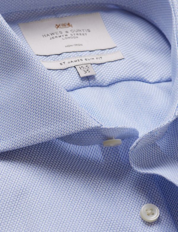 Men's Non-Iron Blue & White Textured Weave Slim Shirt - Windsor Collar ...