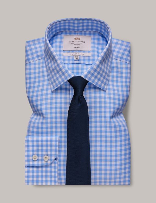 Men's Non-Iron Blue & White Gingham Check Slim Shirt | Hawes and Curtis