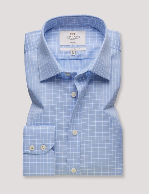 Men's Non-Iron Blue & White Grid Check Slim Fit Shirt | Hawes and Curtis