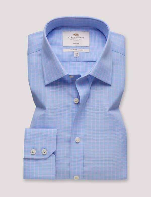 Men's Non-Iron Blue & Pink Grid Check Slim Fit Shirt | Hawes and Curtis