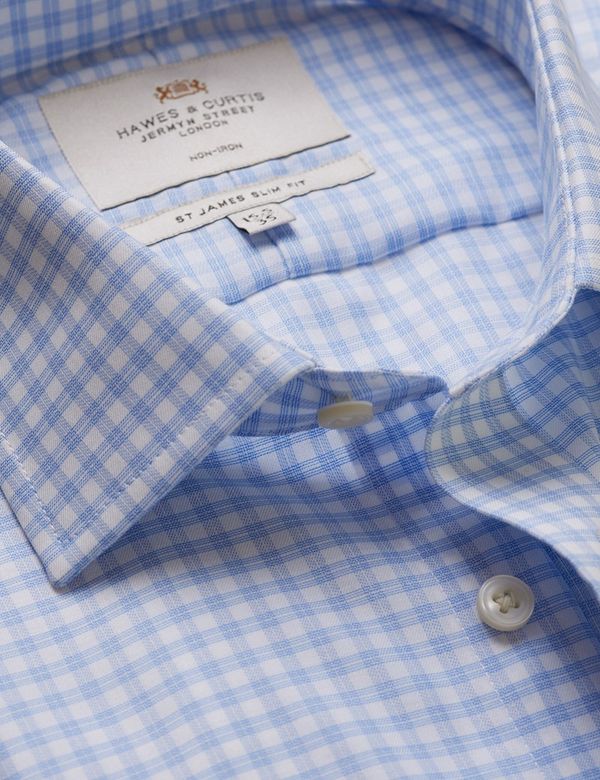 Men's Non-Iron Blue & White Grid Check Slim Fit Shirt | Hawes and Curtis