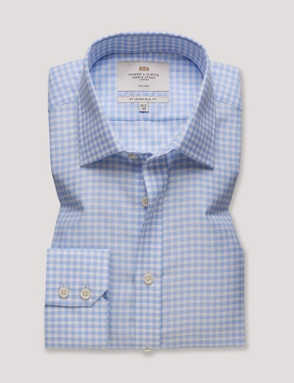 Men's Non-Iron Blue & White Grid Check Slim Fit Shirt | Hawes and Curtis