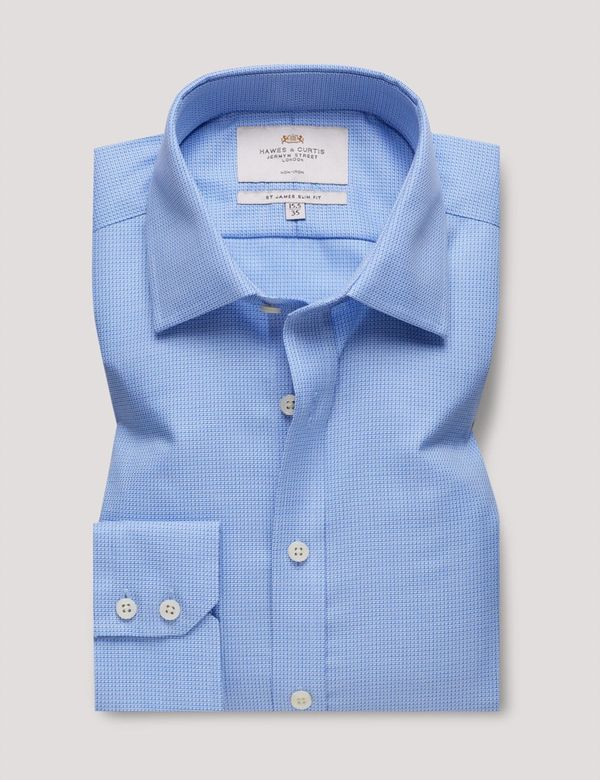 Men's Non-Iron Blue & White Textured Weave Slim Shirt | Hawes & Curtis