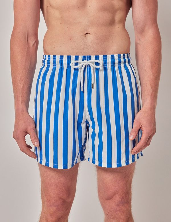 Men's Blue & White Wide Stripe Swim Shorts | Hawes & Curtis