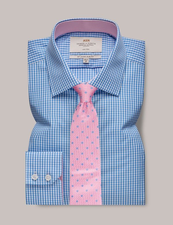 Men's Non-Iron Blue & White Gingham Check Slim Shirt - Contrast Detail | Hawes & Curtis