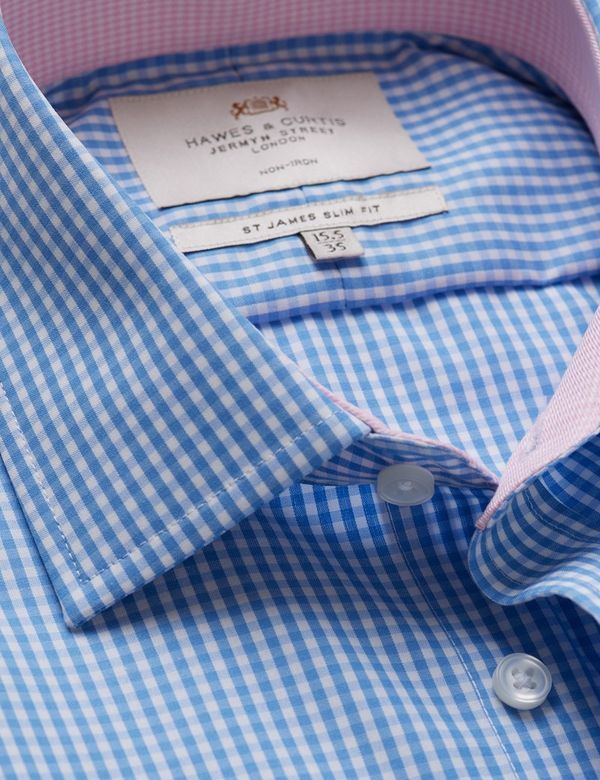 Men's Non-Iron Blue & White Gingham Check Slim Shirt - Contrast Detail | Hawes & Curtis