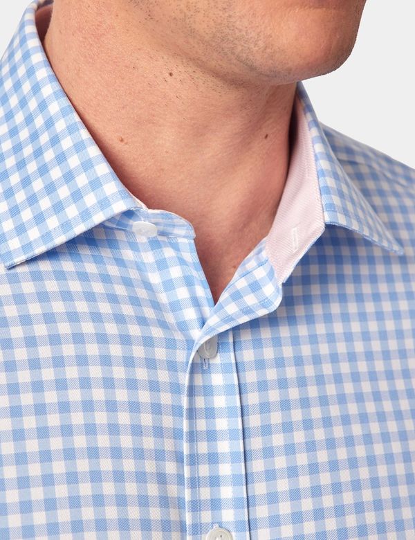 Men's Non-Iron Blue & White Check Slim Shirt - Contrast Detail | Hawes & Curtis