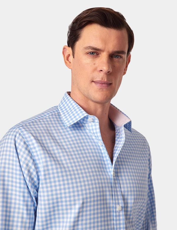 Men's Non-Iron Blue & White Check Slim Shirt - Contrast Detail | Hawes & Curtis