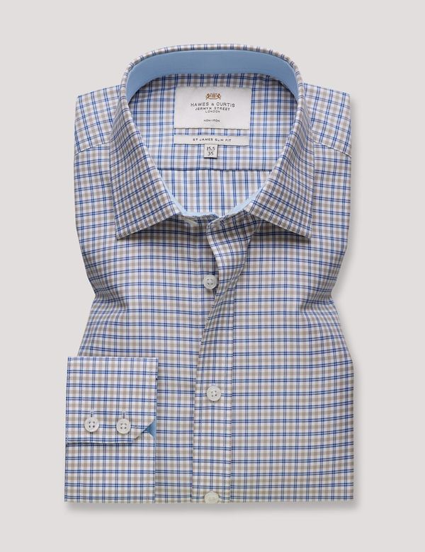 Men's Non-Iron Blue & Brown Multi Check Slim Fit Shirt - Contrast Detail | Hawes & Curtis