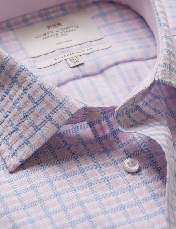 Men's Non-Iron Blue & Pink Multi Check Slim Fit Shirt - Contrast Detail ...