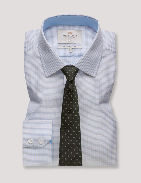 Men's Non-Iron Blue & Yellow Multi Check Slim Fit Shirt - Contrast Detail | Hawes & Curtis