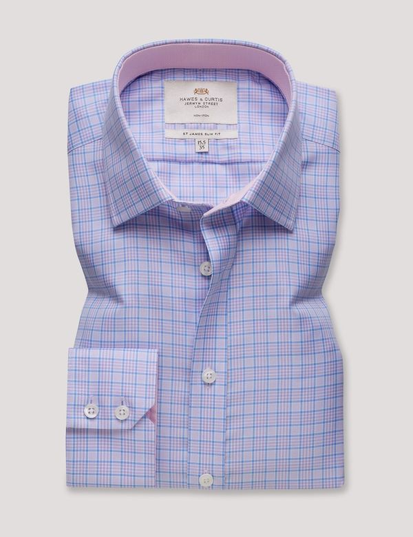 Men's Non-Iron Lilac & Blue Multi Check Slim Fit Shirt - Contrast Detail | Hawes & Curtis