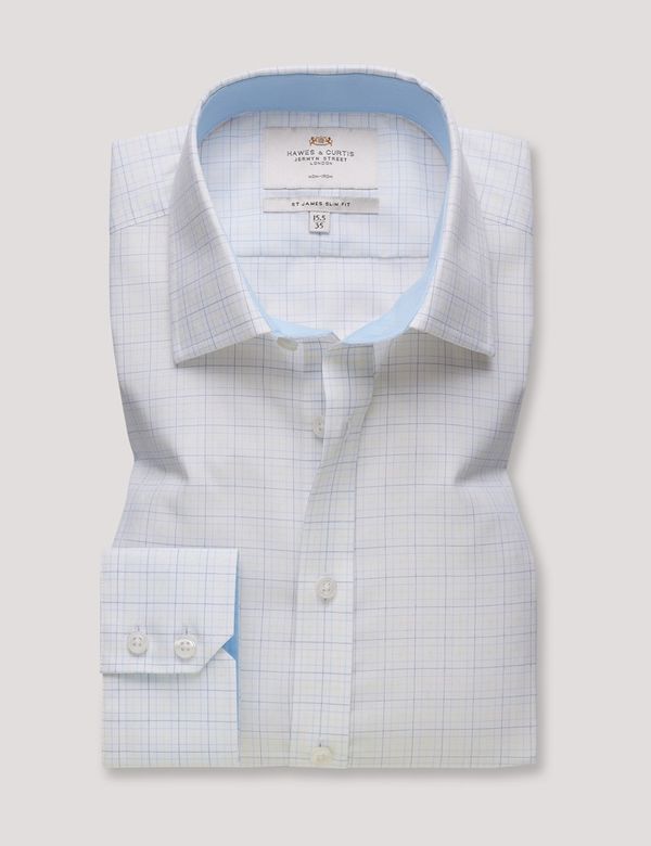 Men's Non-Iron Blue & Yellow Multi Check Slim Fit Shirt - Contrast Detail | Hawes & Curtis
