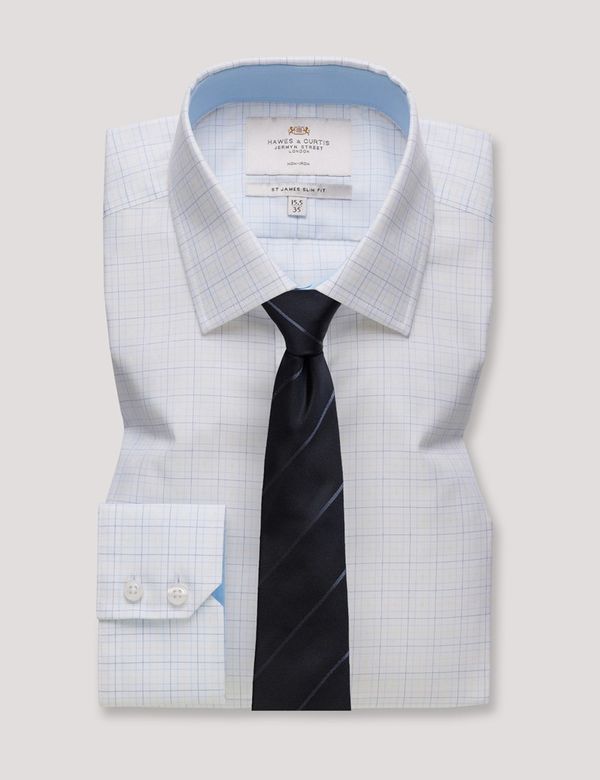 Men's Non-Iron Blue & Yellow Multi Check Slim Fit Shirt - Contrast Detail | Hawes & Curtis