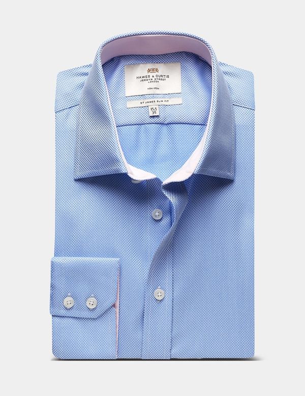 Men's Slim Fit Blue Textured Weave Non-Iron Shirt | Hawes and Curtis