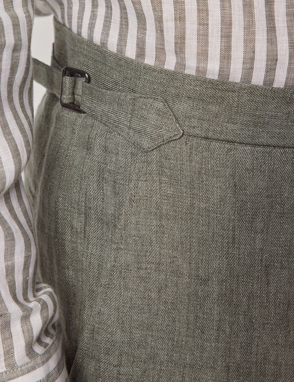 Men's Sage Green Herringbone Linen Italian Slim Suit Trousers With Side ...