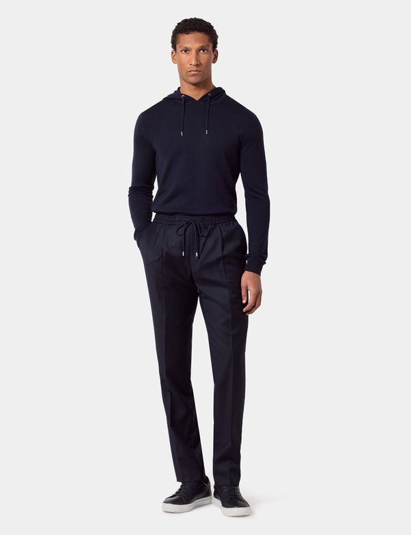 Men's Navy Drawstring Twill Trousers | Hawes and Curtis
