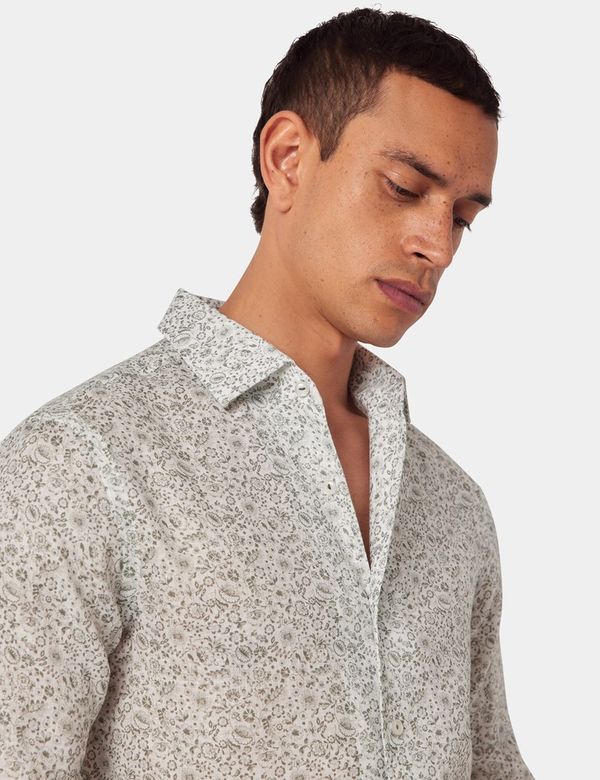 Men's Sage & White Floral Linen Slim Shirt | Hawes & Curtis