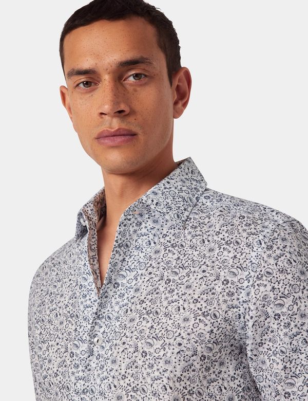 Men's Navy & White Floral Linen Slim Shirt | Hawes & Curtis