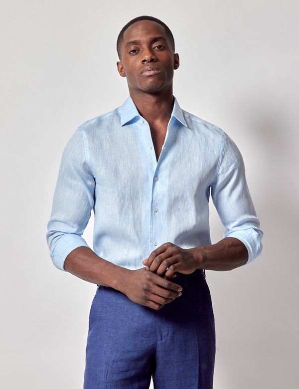 Men's Light Blue Pure Linen Slim Shirt - One Piece Collar - Full ...