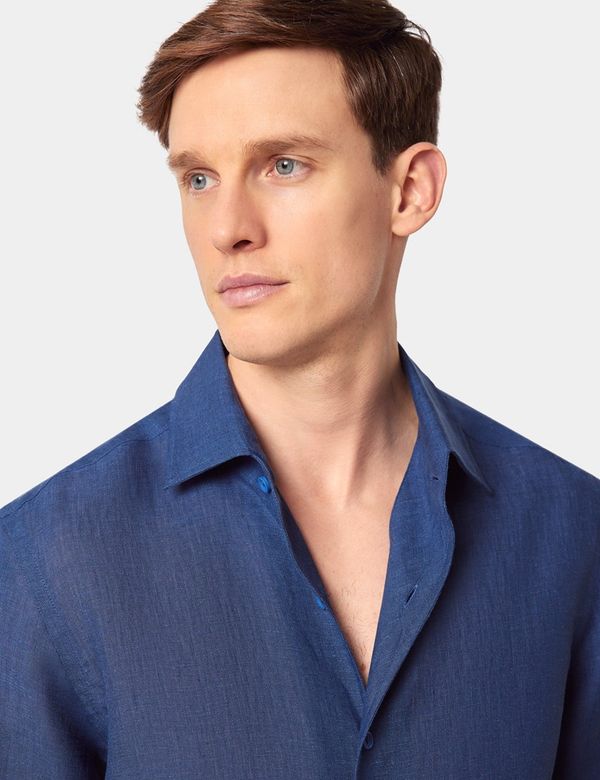 Men's Marine Pure Linen Slim Shirt - One Piece Collar - Full Cutaway ...