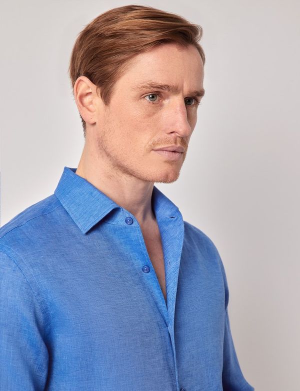 Men's Mid Blue Pure Linen Slim Shirt - One Piece Collar - Full Cutaway ...