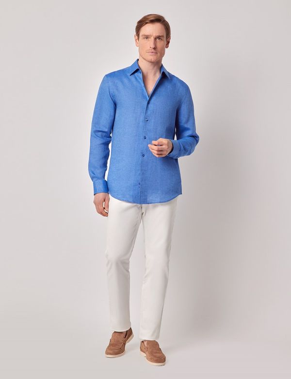 Men's Mid Blue Pure Linen Slim Shirt - One Piece Collar - Full Cutaway ...