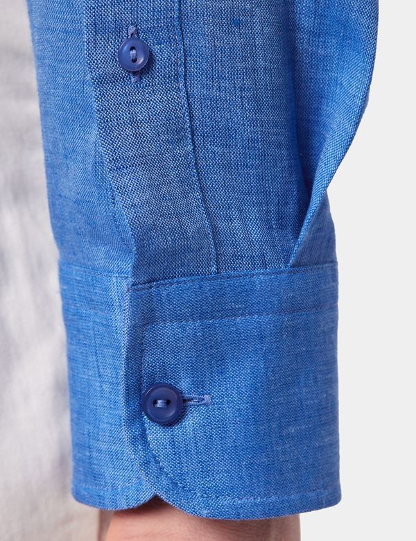 Men's Mid Blue Pure Linen Slim Shirt - One Piece Collar - Full Cutaway ...