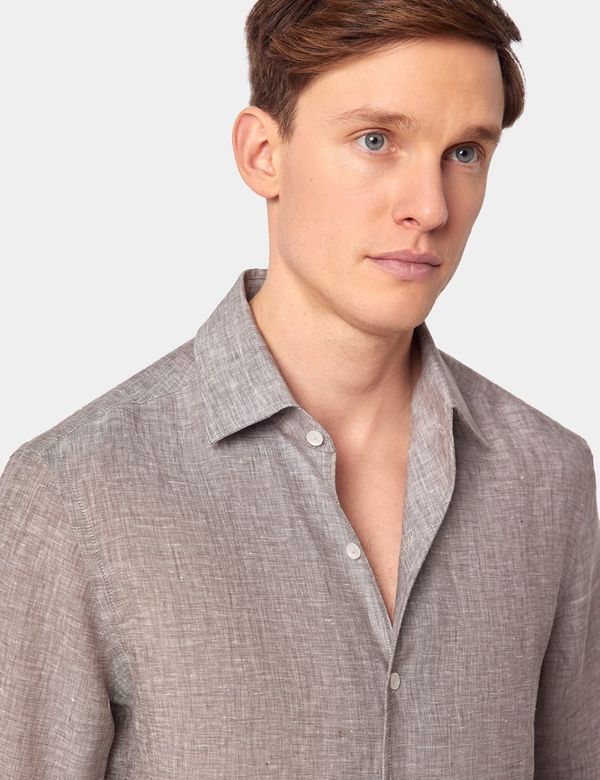 Men's Brown Pure Linen Slim Shirt - One Piece Collar - Full Cutaway ...