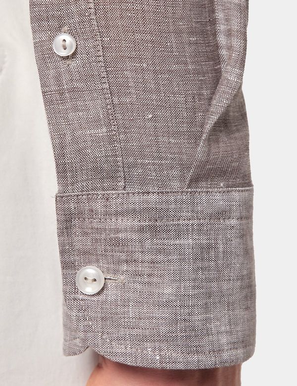 Men's Brown Pure Linen Slim Shirt - One Piece Collar - Full Cutaway ...
