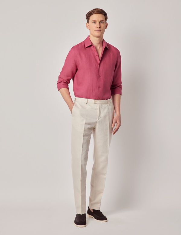 Men's Washed Red Pure Linen Slim Shirt - One Piece Collar - Full ...