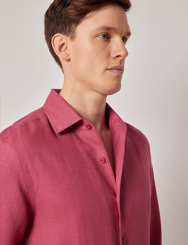 Men's Washed Red Pure Linen Slim Shirt - One Piece Collar - Full ...