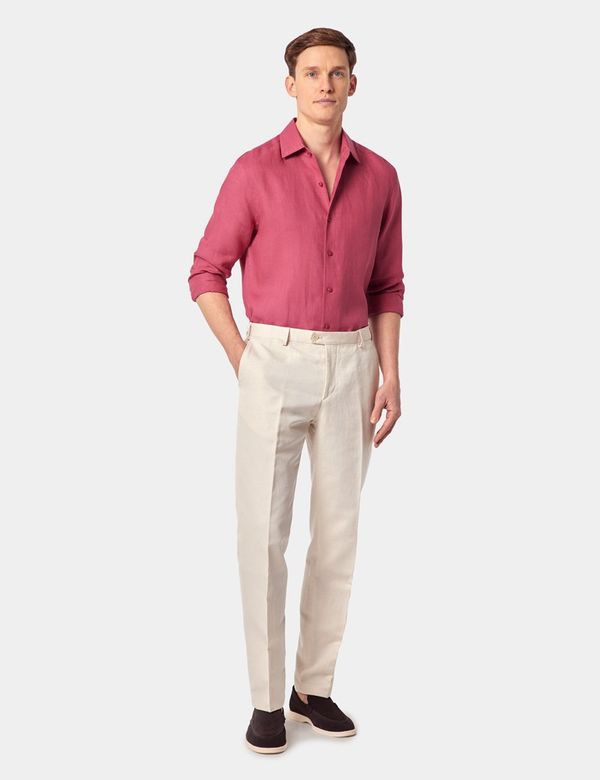 Men's Washed Red Pure Linen Slim Shirt - One Piece Collar - Full ...