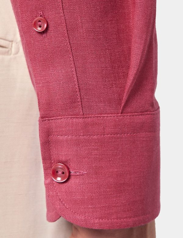 Men's Washed Red Pure Linen Slim Shirt - One Piece Collar - Full ...