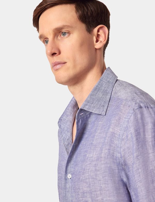 Men's Denim Blue Pure Linen Slim Shirt - One Piece Collar - Full ...