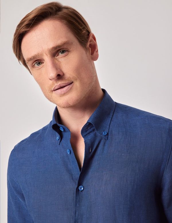 Men's Marine Blue Pure Linen Slim Shirt – Button Down Collar | Hawes ...