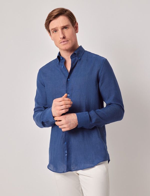 Men's Marine Blue Pure Linen Slim Shirt – Button Down Collar | Hawes ...
