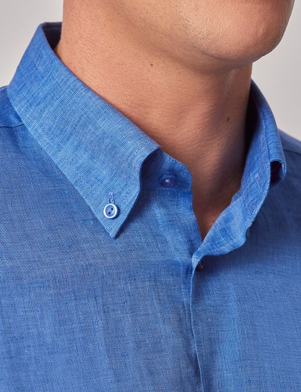 Men's Mid Blue Pure Linen Slim Shirt – Button Down Collar | Hawes & Curtis