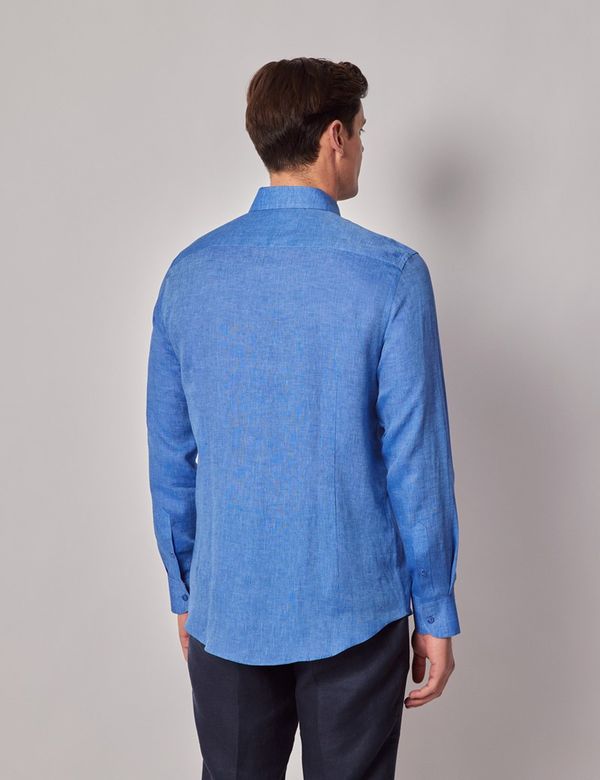 Men's Mid Blue Pure Linen Slim Shirt – Button Down Collar | Hawes & Curtis