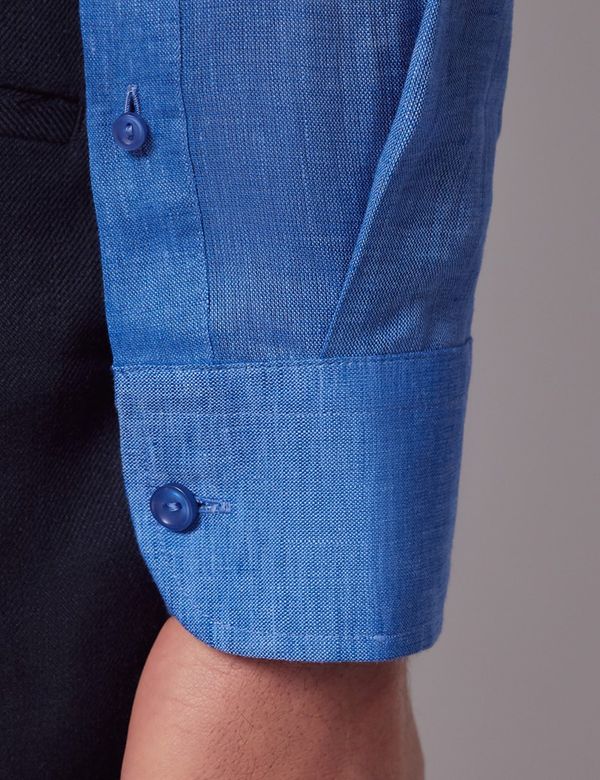 Men's Mid Blue Pure Linen Slim Shirt – Button Down Collar | Hawes & Curtis