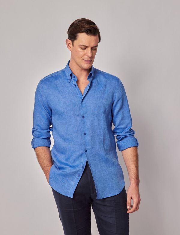 Men's Mid Blue Pure Linen Slim Shirt – Button Down Collar | Hawes & Curtis