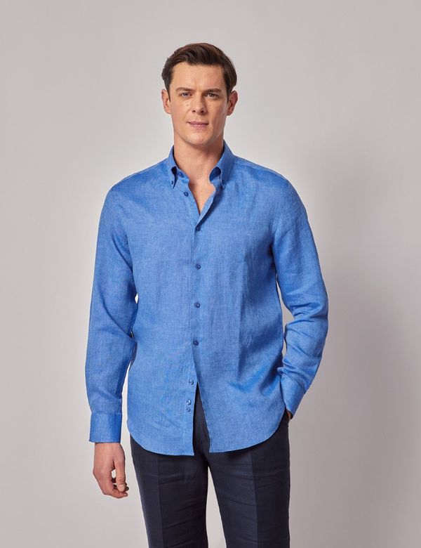 Men's Mid Blue Pure Linen Slim Shirt – Button Down Collar | Hawes & Curtis