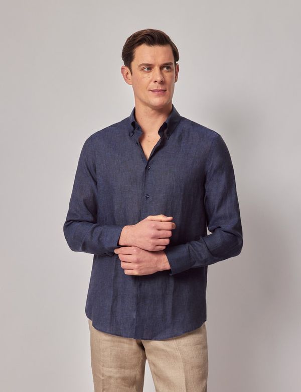 Men's Navy Pure Linen Slim Shirt – Button Down Collar | Hawes & Curtis