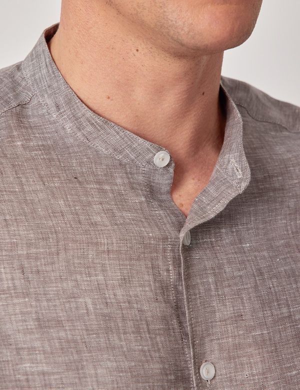 Men's Brown Pure Linen Shirt - Collarless | Hawes & Curtis